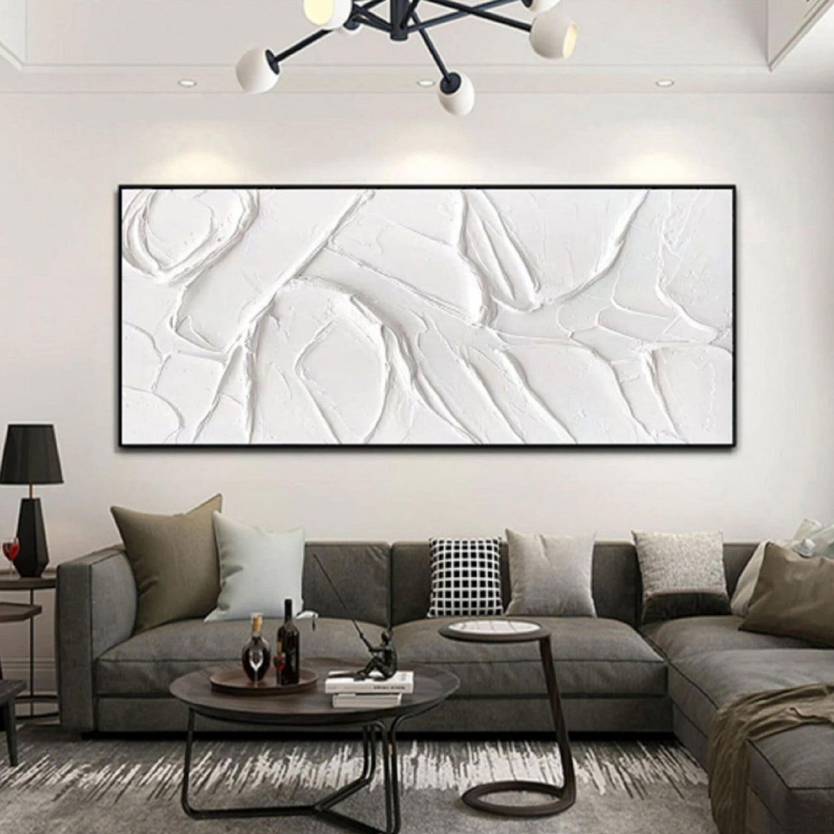 Oversize White Texture Plaster Painting Wall Art, Serene Living Room ...